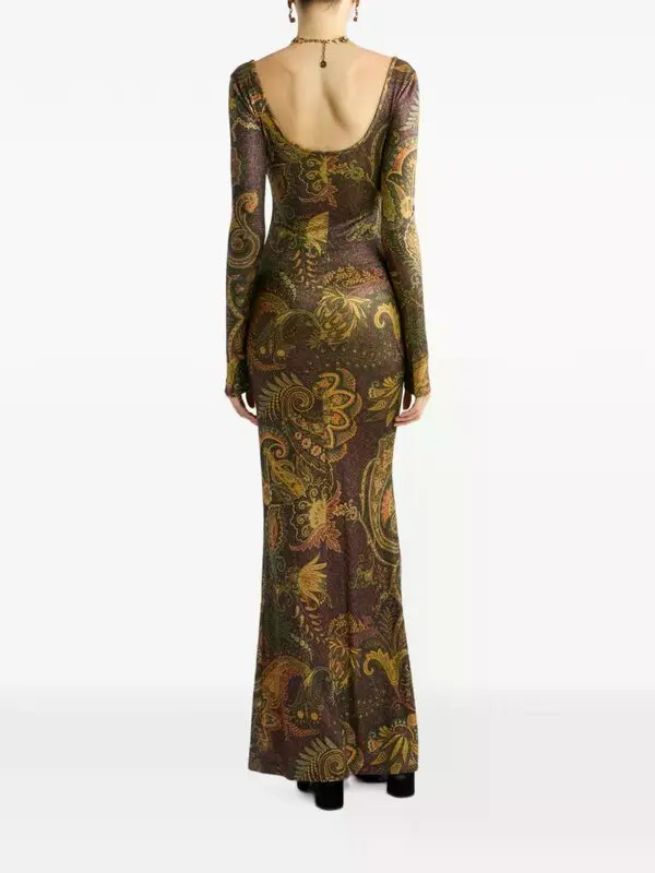 Etro Long Metallic Jersey Dress With Floral-motif