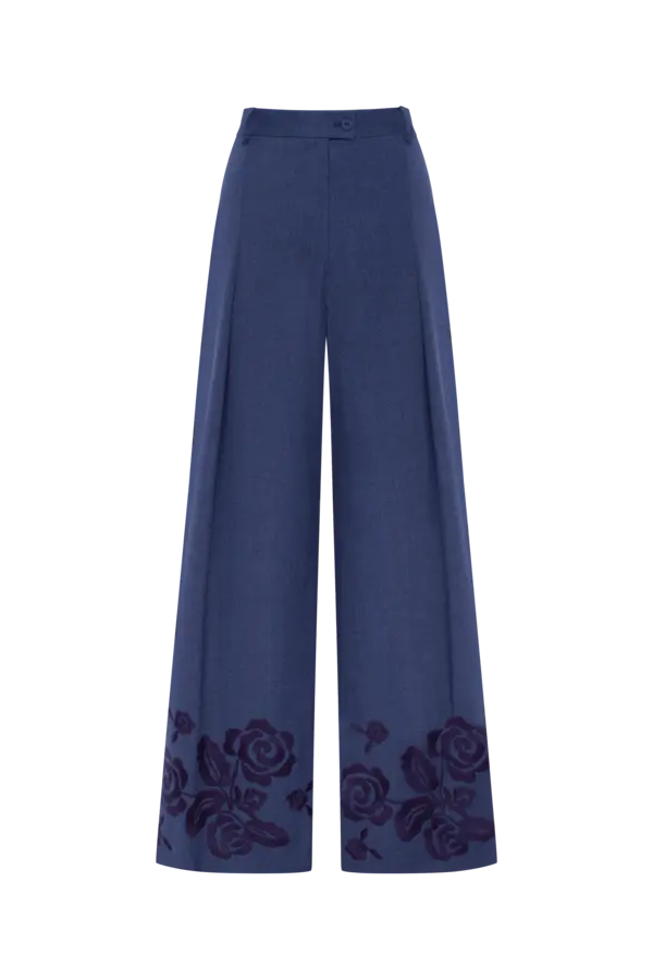 ANNABO Velvet Rose Embroidered Wool Wide-leg Pants – Steel