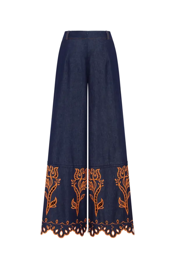 ANNABO Velvet Rose Embroidered Denim Wide-leg Pants