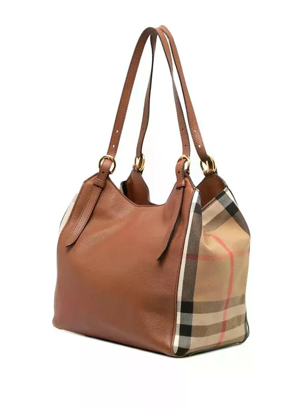 Burberry 2000-2017 Small Derby Calfskin And House Check Canvas Canterbury Tote Bag - Brown