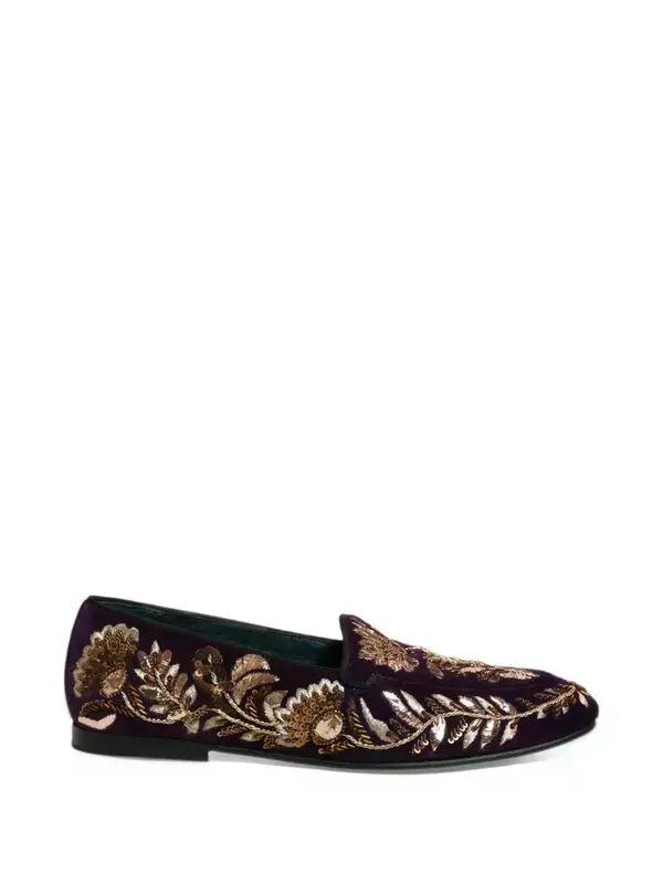 Dolce & Gabbana Violet Velvet Floral-embroidery Loafers