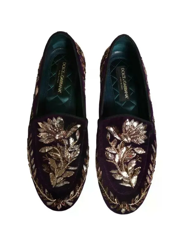 Dolce & Gabbana Violet Velvet Floral-embroidery Loafers
