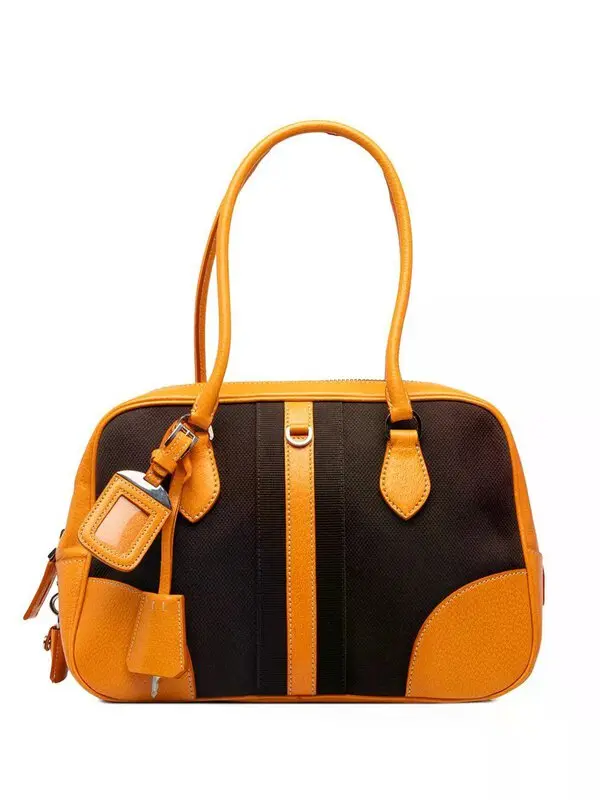 Prada 2000 Leather Trimmed Canvas Canapa Bauletto Bag Handbag - Brown
