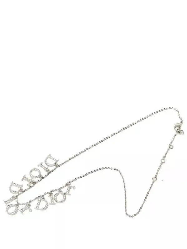 Dior 1990-2010 Brass Crystal Embellished Triple Spell Out Charm Necklace Costume Necklace - Silver