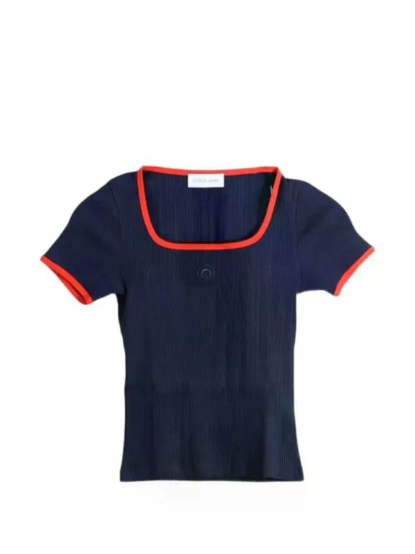 MARINE SERRE Moon Logo Bicolor Ribbed Jersey Squareneck T-shirt - Blue