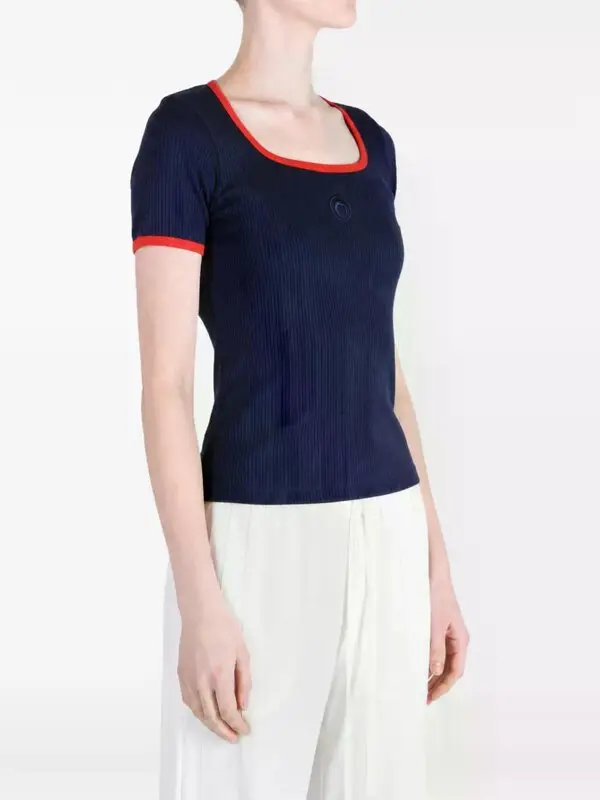 MARINE SERRE Moon Logo Bicolor Ribbed Jersey Squareneck T-shirt