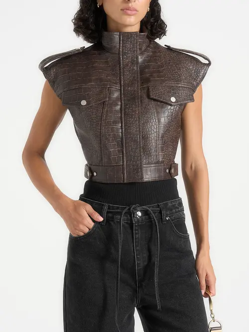 Manière De Voir Imelda Croc Embossed Wide Shoulder Sleeveless Jacket - Brown