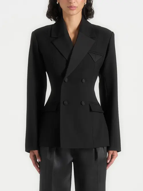 Manière De Voir Maia Double Breasted Satin Lapel Blazer Hourglass - Black