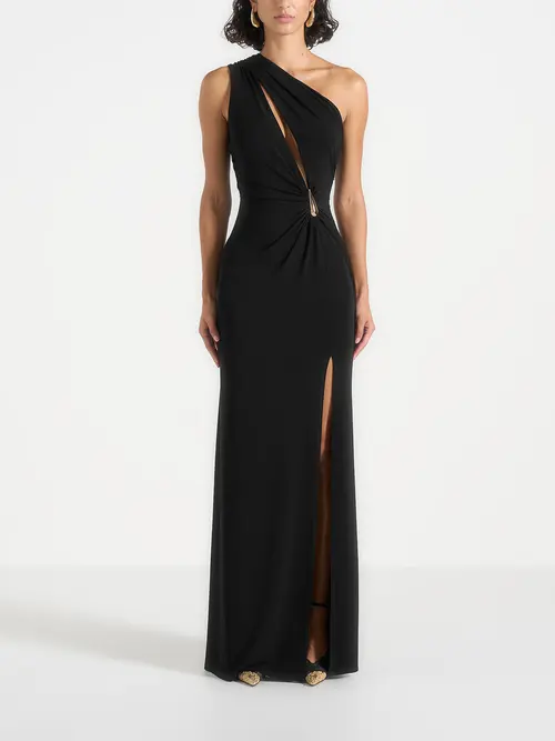 Manière De Voir Vanessa Asymmetric Ruched Teardrop Detail Maxi Dress - Black