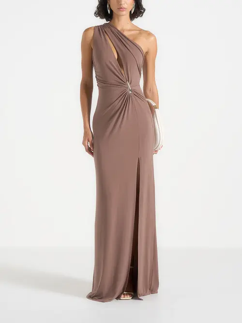 Manière De Voir Vanessa Asymmetric Ruched Teardrop Detail Maxi Dress - Taupe