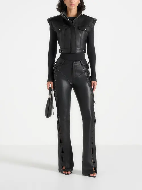 Manière De Voir Imelda Leather Cropped Wide Shoulder Sleeveless Jacket - Black