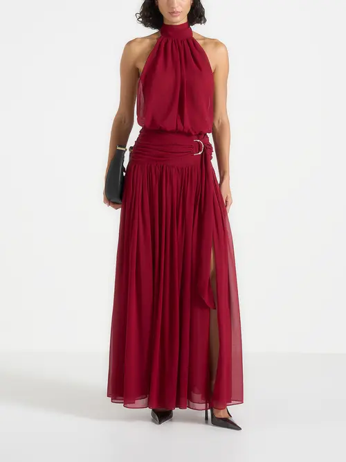 Manière De Voir Giselle Halter Neck Draped Hardware Maxi Dress - Wine Red