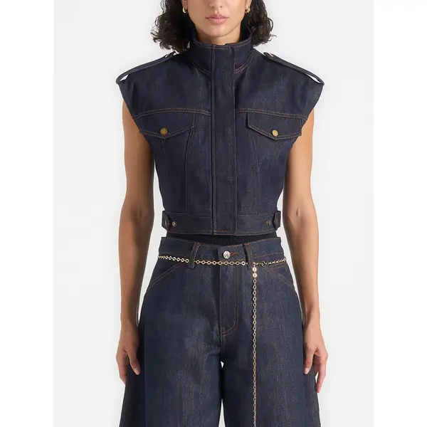 Manière De Voir Imelda Denim Cropped Wide Shoulder Sleeveless Jacket