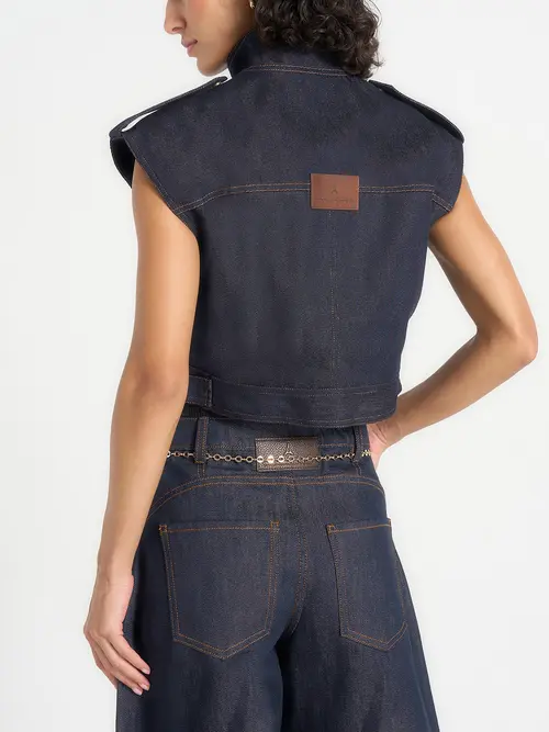 Manière De Voir Imelda Denim Cropped Wide Shoulder Sleeveless Jacket