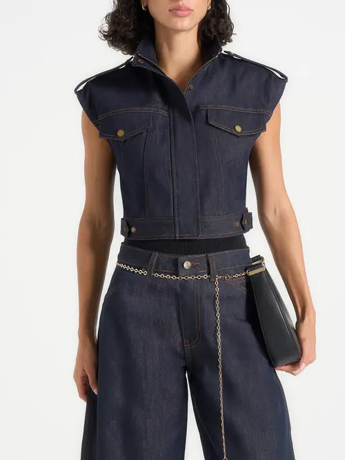 Manière De Voir Imelda Denim Cropped Wide Shoulder Sleeveless Jacket