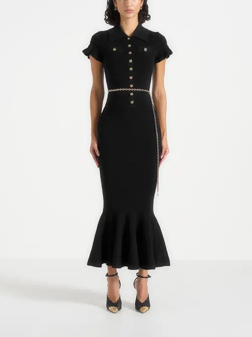 Manière De Voir Fantine Fluted Hem Ottoman Knit Midi Dress - Black