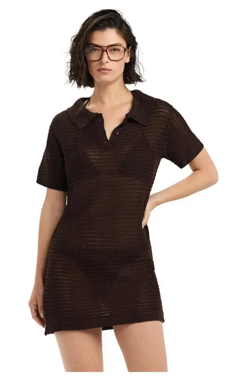 GOTTEX Davi Crochet Collared Mini Dress Cover-up - Brown