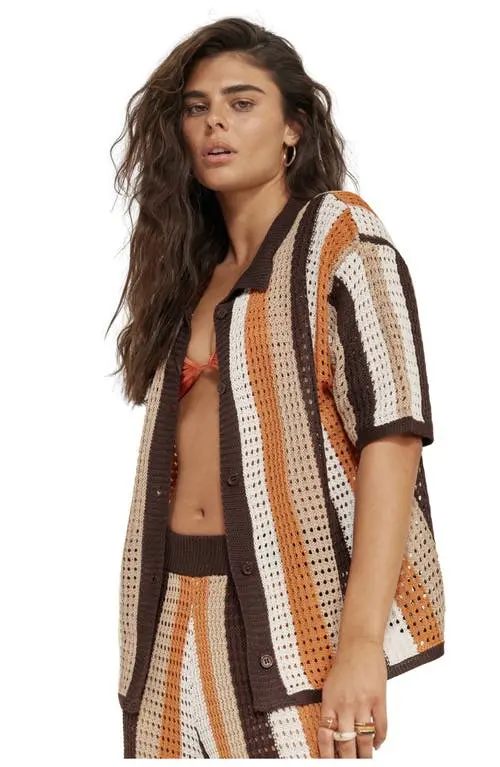 GOTTEX Naomi Crochet Collared Button Down Shirt Cover-up - Multi