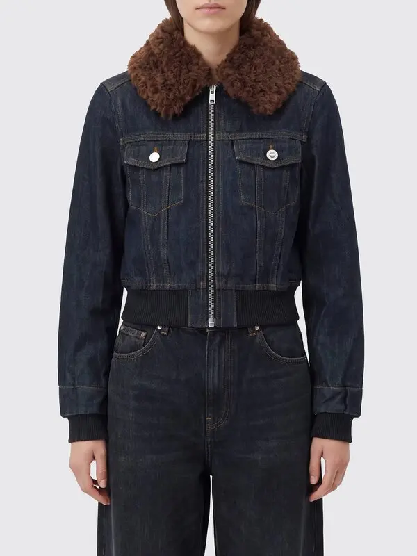 GANNI Denim Bomber Jacket With Recycled Faux Fur Collar