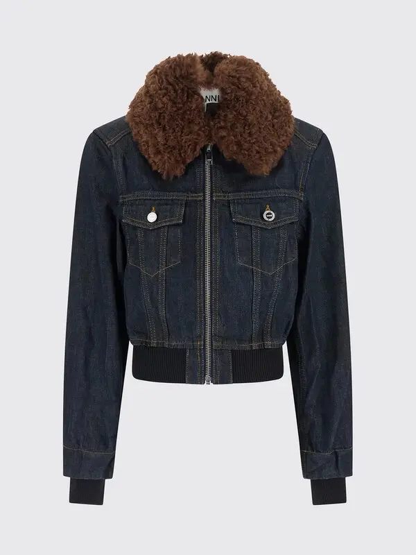 GANNI Denim Bomber Jacket With Recycled Faux Fur Collar