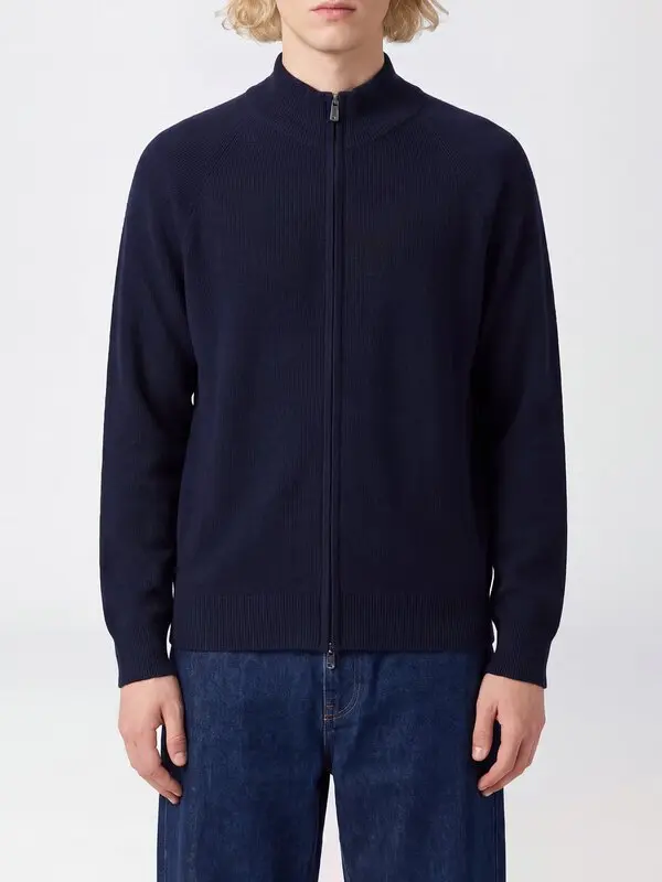 BRAMANI CASHMERE Turtleneck Zip-up Cardigan In Pure Cashmere With Ribbed Trims - Blue
