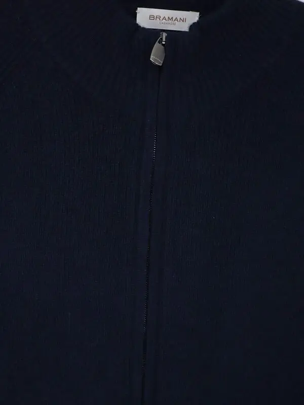 BRAMANI CASHMERE Turtleneck Zip-up Cardigan In Pure Cashmere With Ribbed Trims - Blue