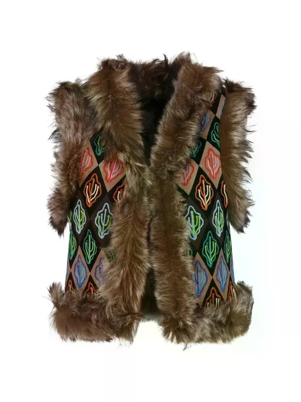 GOLDEN GOOSE Vest In Shearling And Suede With Multicolor Cactus Embroidery