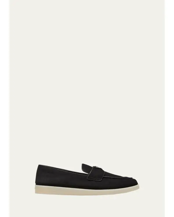Prada Saint Tropez Triangle Logo Suede Loafers - Black