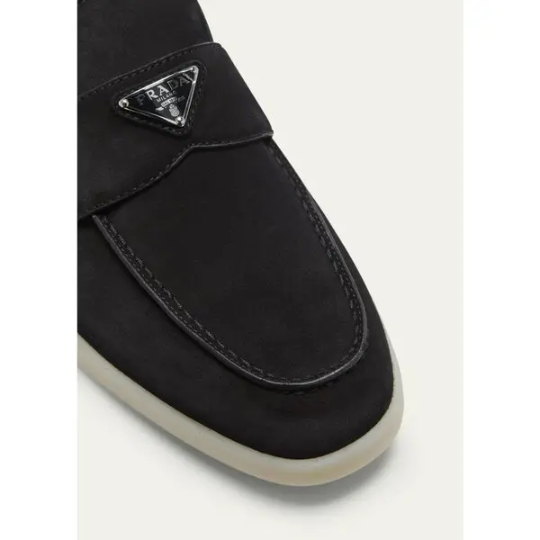 Prada Saint Tropez Triangle Logo Suede Loafers - Black