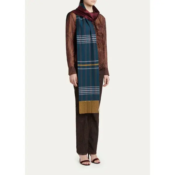Etro Reversible Wool And Silk Scarf With Metallic Fringe