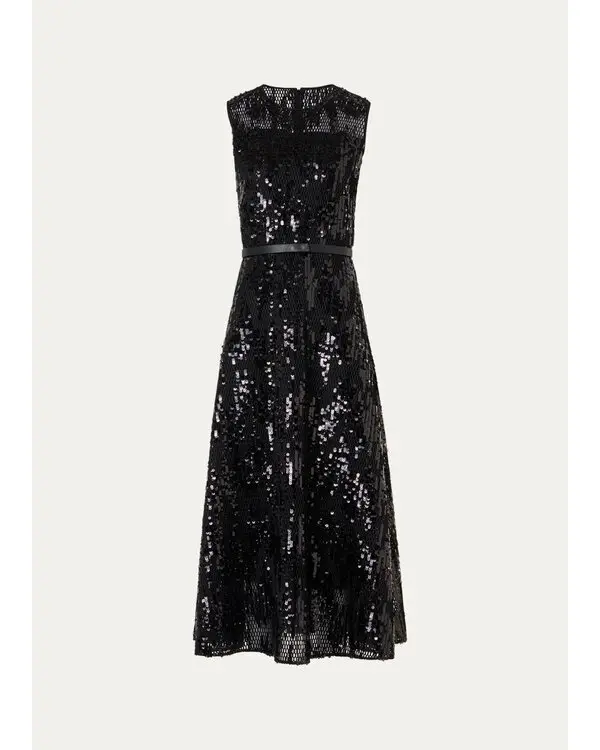 Akris Sequined Net Fit-and-flare Belted Ankle Gown