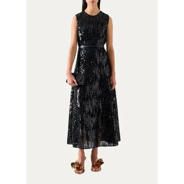 Akris Sequined Net Fit-and-flare Belted Ankle Gown