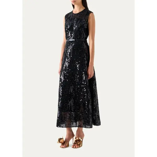 Akris Sequined Net Fit-and-flare Belted Ankle Gown