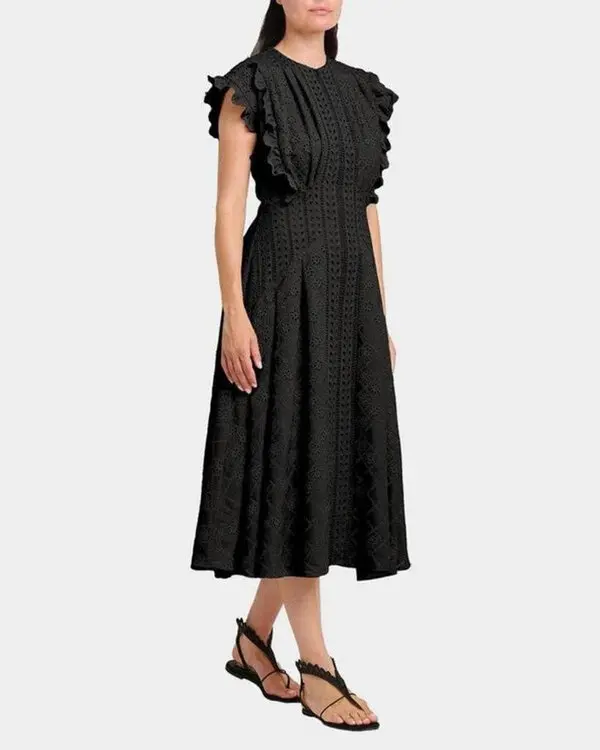 Alberta Ferretti Cap-sleeve Pleated Eyelet Cotton Midi Dress