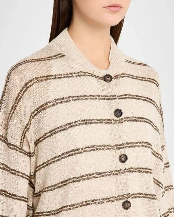 Brunello Cucinelli Striped Paillette Linen-cotton Knit Bomber Cardigan