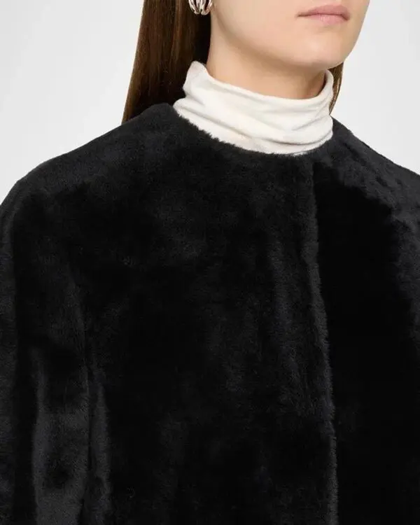 YVES SALOMON Manteau Lamb Shearling Collarless Long Coat - Black