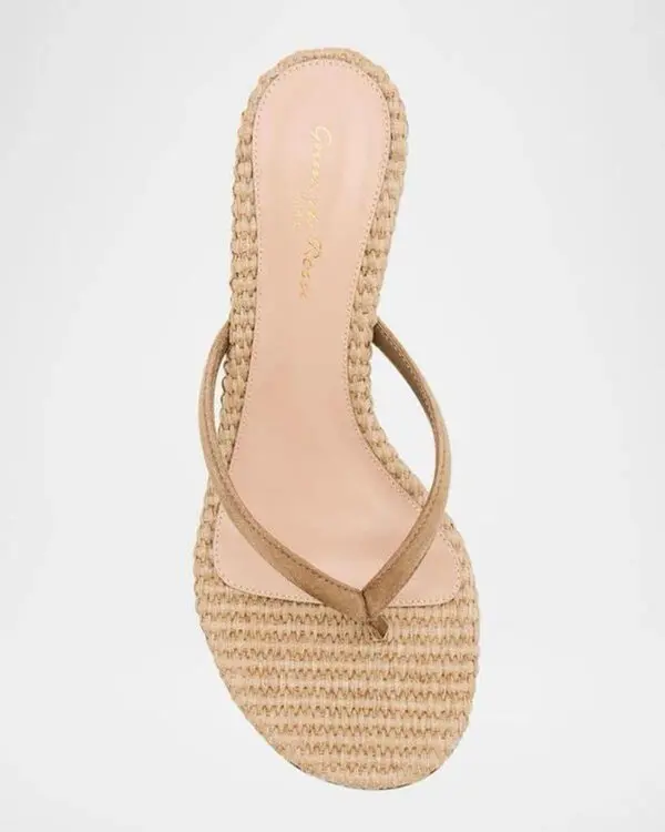 GIANVITO ROSSI Suede Raffia Heeled Thong Sandals - Brown