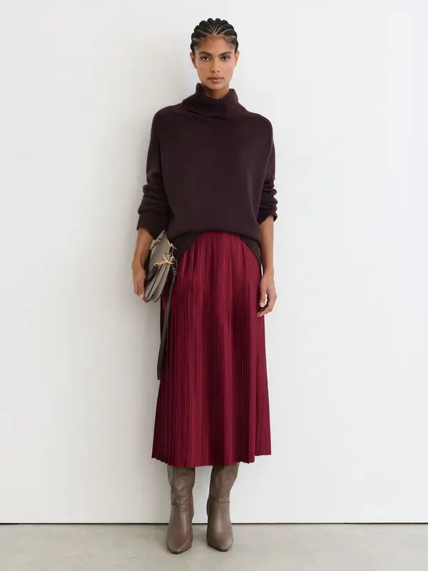 REISS Sara Satin-finish Pleated Midi Skirt