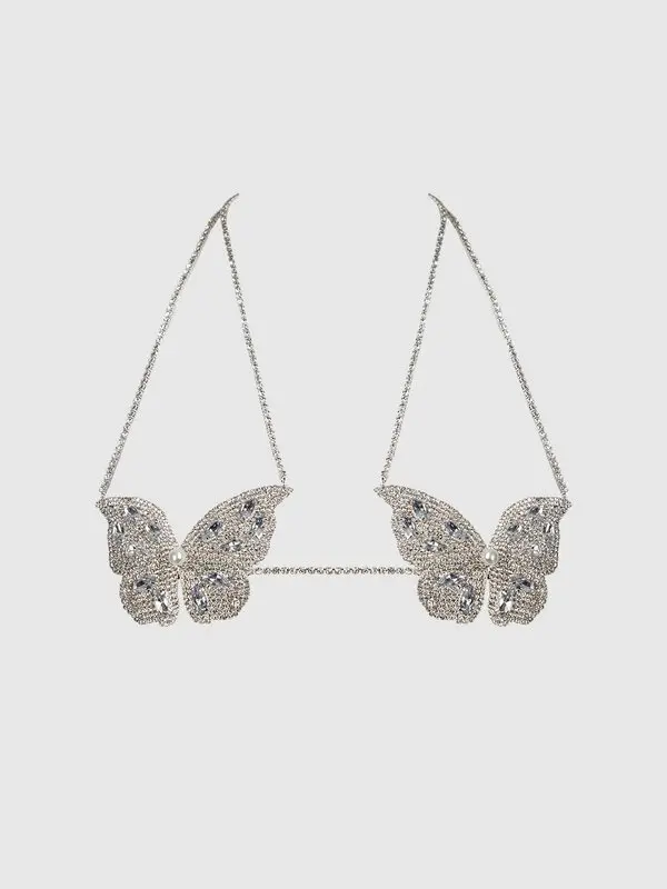 Frederick's Of Hollywood Ziggy Rhinestone & Pearl Butterfly Bralette - Silver
