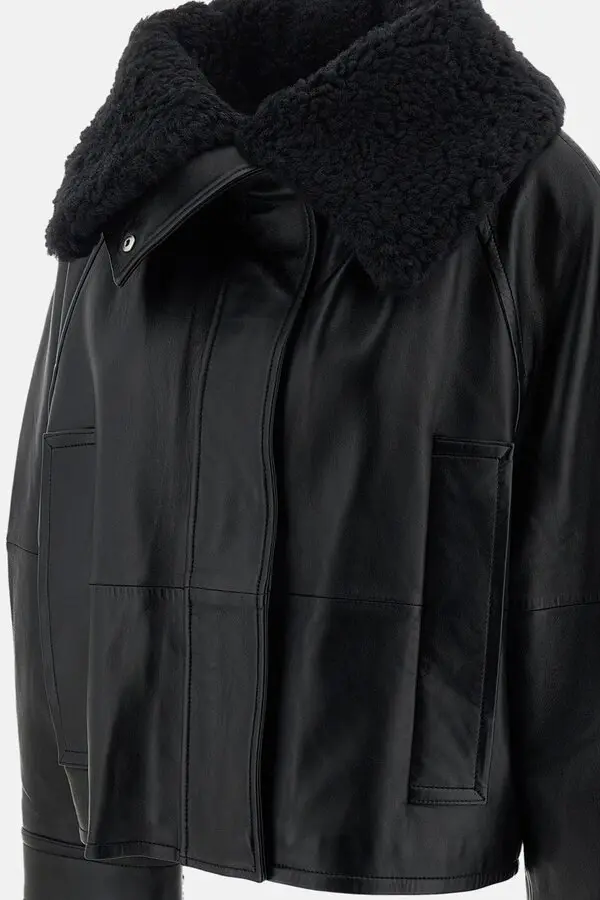Sportmax Giubbotto In Pelle E Montone Con Imbottitura - Nero
