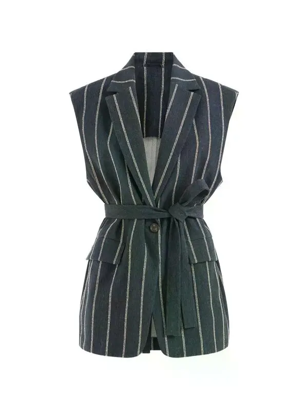Brunello Cucinelli Double Chalk Stripe Cotton And Linen Denim Belted Vest With Monili