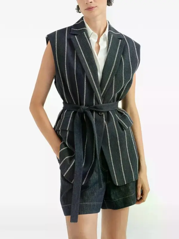 Brunello Cucinelli Double Chalk Stripe Cotton And Linen Denim Belted Vest With Monili