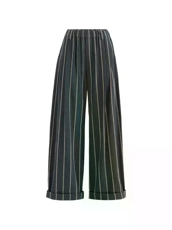 Brunello Cucinelli Ddouble Chalk Stripe Cotton And Linen Denim Barrel Trousers With Monili - Blue