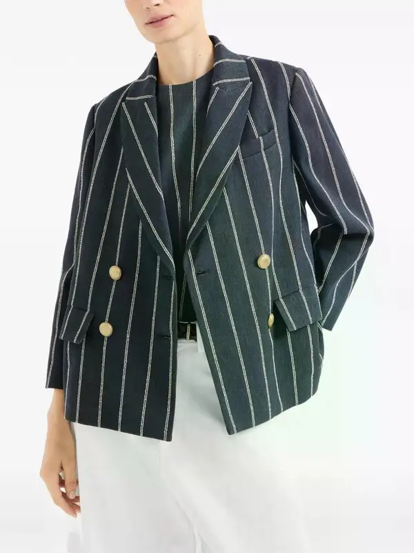 Brunello Cucinelli Double-chalk-stripe Cotton And Linen Denim Blazer - Blue