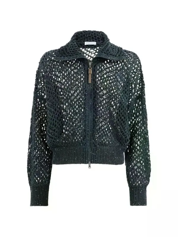 Brunello Cucinelli Dazzling Abstract Leaf Cardigan In Linen With Zipper