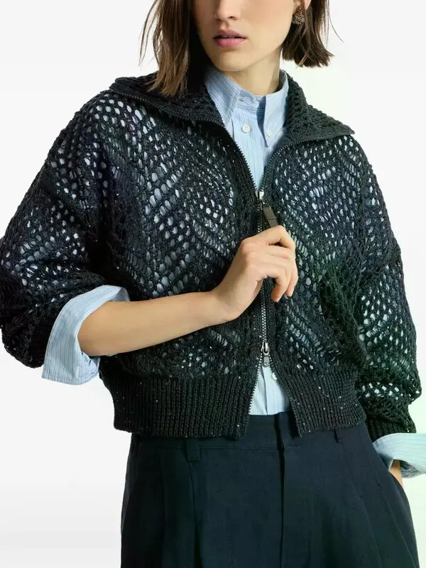 Brunello Cucinelli Dazzling Abstract Leaf Cardigan In Linen With Zipper