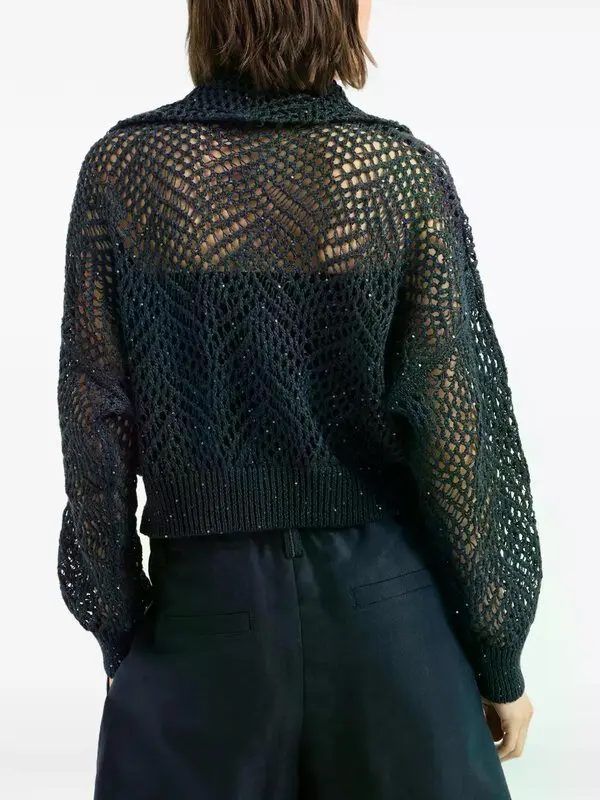 Brunello Cucinelli Dazzling Abstract Leaf Cardigan In Linen With Zipper
