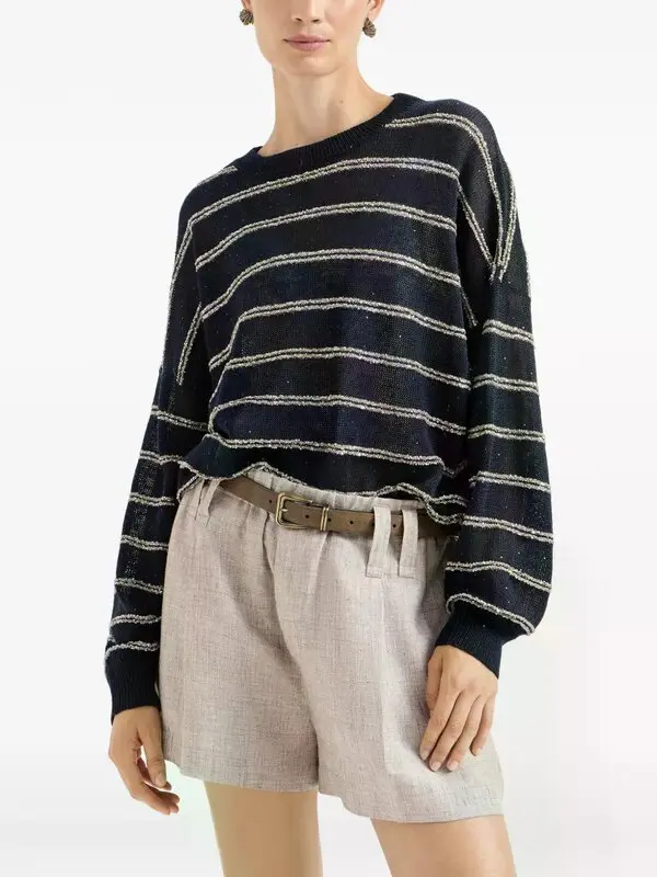 Brunello Cucinelli Linen And Cotton Sweater With Dazzling Double Stripes