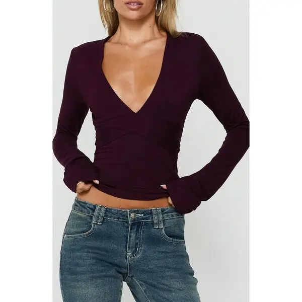 Princess Polly Madelon Long Sleeve Wrap Top - Plum
