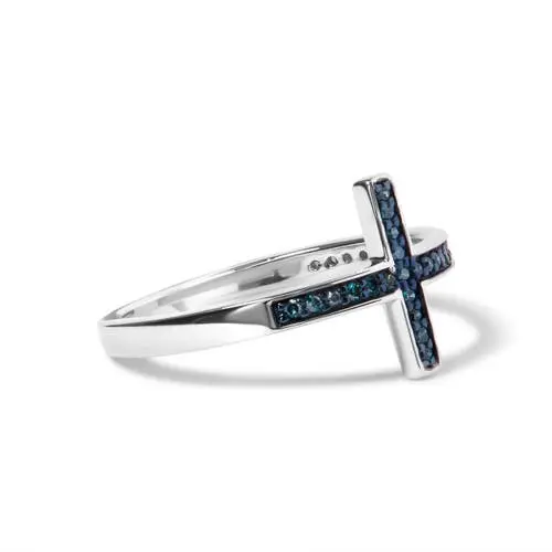 HAUS OF BRILLIANCE Sterling 1/6 Cttw Blue Diamond Cross Stackable Ring